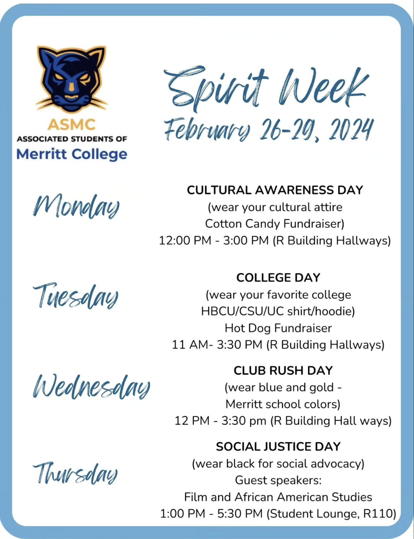 Merritt College SPIRIT WEEK, 2/26-29