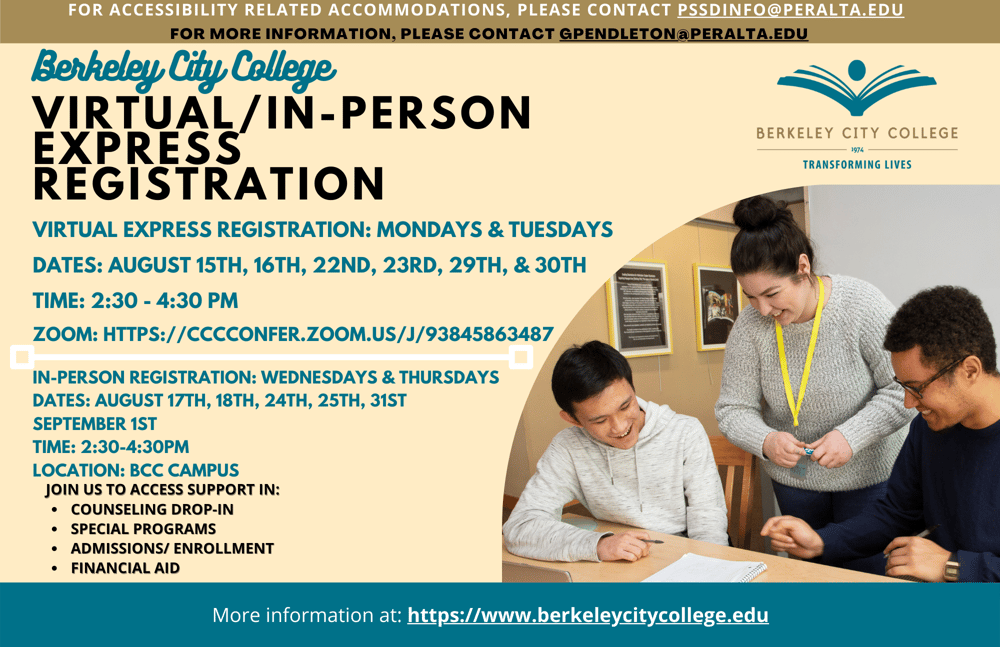 Berkeley City College Virtual & In-Person Express Registration (12 dates)