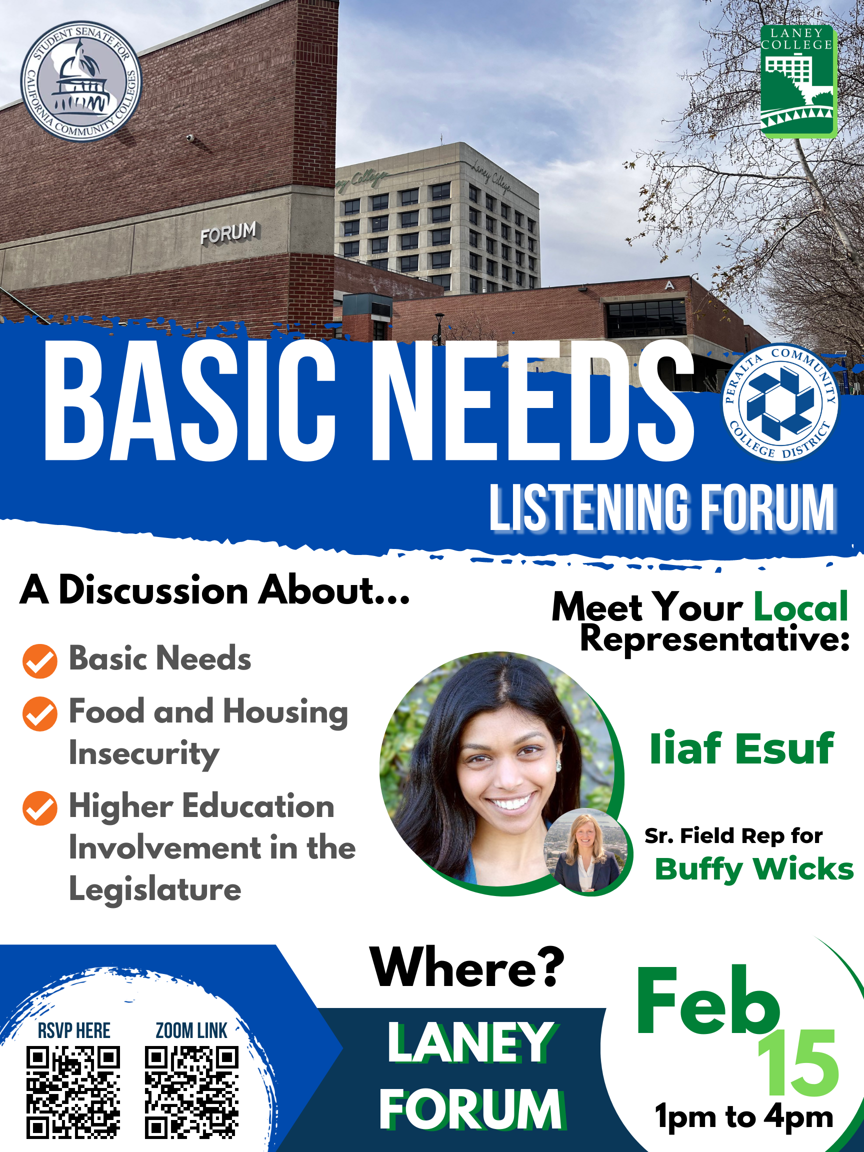 BASIC NEEDS LISTENING FORUM @ Laney College, Feb. 15, 1-4pm