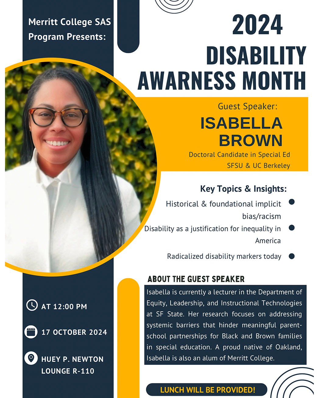 Disability Awareness Month Speaker @ Merritt College, 10/17, 12pm