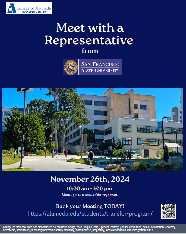 Meet with a Transfer Rep from SF State University, 11/26, 10am - 1pm