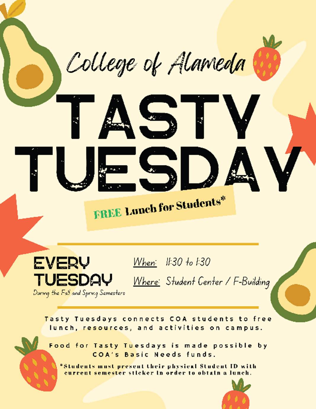 Tasty Tuesdays/Free Meals at CoA Every Tuesday, 11:30am