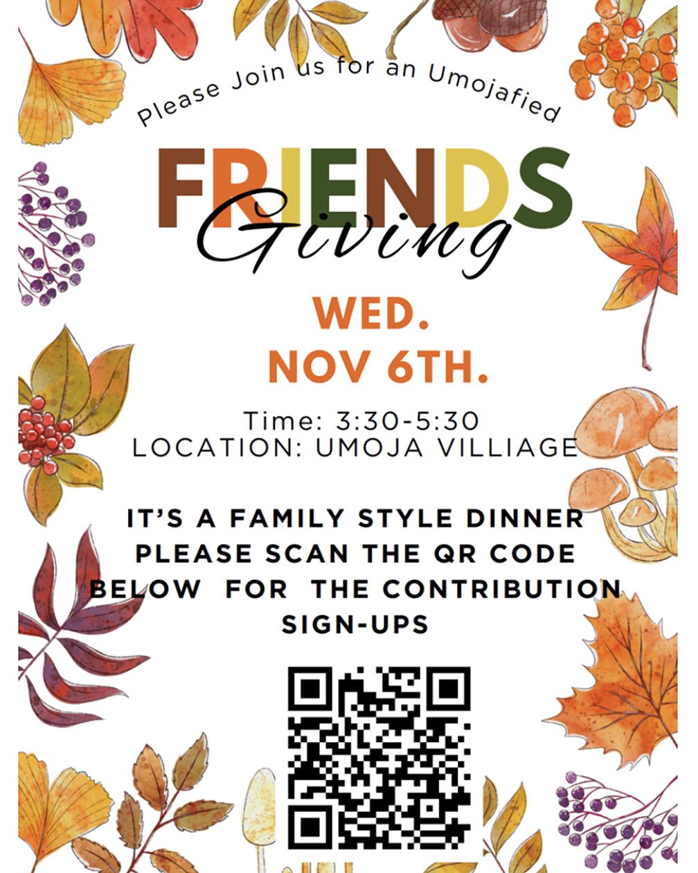 Umoja-fied Friendsgiving Dinner, 11/6, 3:30 - 5:30pm
